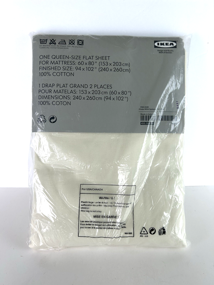 IKEA Sova QUEEN Flat Sheet Ivory Cream Finished Size 94" x 102" 100% ...