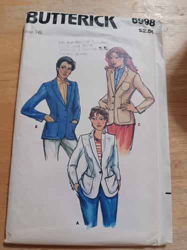 BUTTERICK PATTERN 6998 SIZE 16 MISSES' LINED BLAZER IN 3 VARIATIONS ...