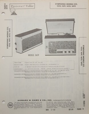 SAMS PHOTOFACT SERVICE MANUAL 518-14 SYMPHONIC MODELS 523 1523 1619 ...