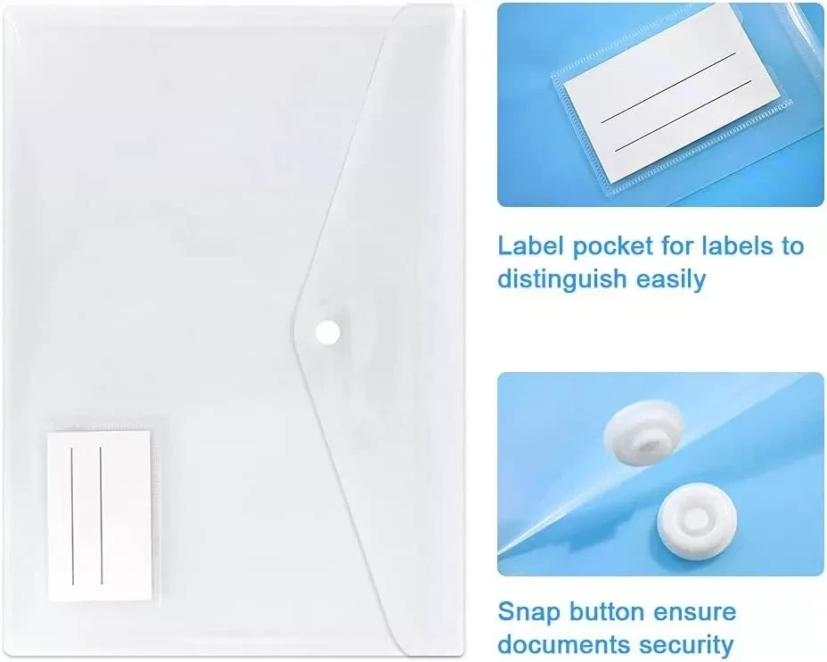 50x A4 Clear Plastic Document Wallet Folder with Snap Button & Label ...