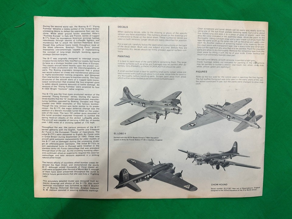 MONOGRAM~B-17G FLYING FORTRESS~1/48 Scale Kit ~W/ Paint Note From WWII ...