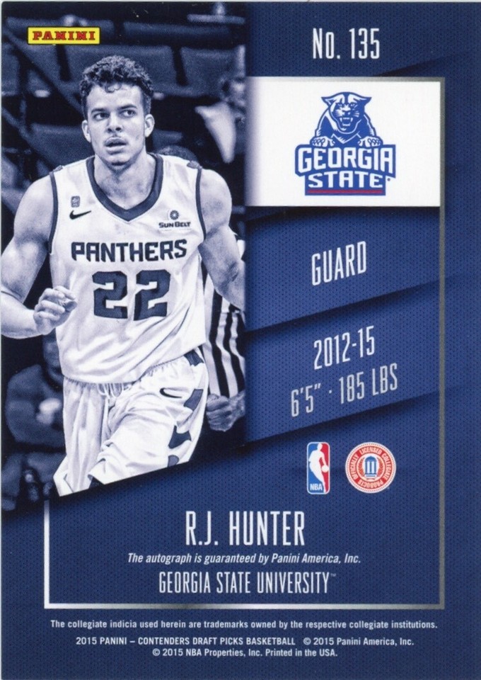 2015-16 Contenders Draft RJ Hunter Rookie RC Draft Ticket Auto ...