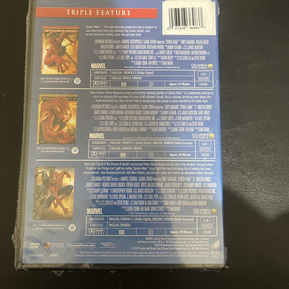 SPIDER-MAN TRIPLE FEATURE 3 DVD SET TRILOGY MOVIE COLLECTION 1 2 3 ...