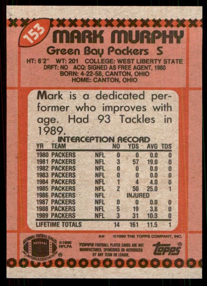1990 Topps Mark Murphy Football Cards #153 | eBay