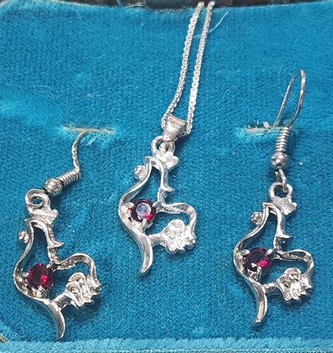 Retro Vintage Rooster Ruby Garnet Earrings Necklace Set Sterling Silver ...