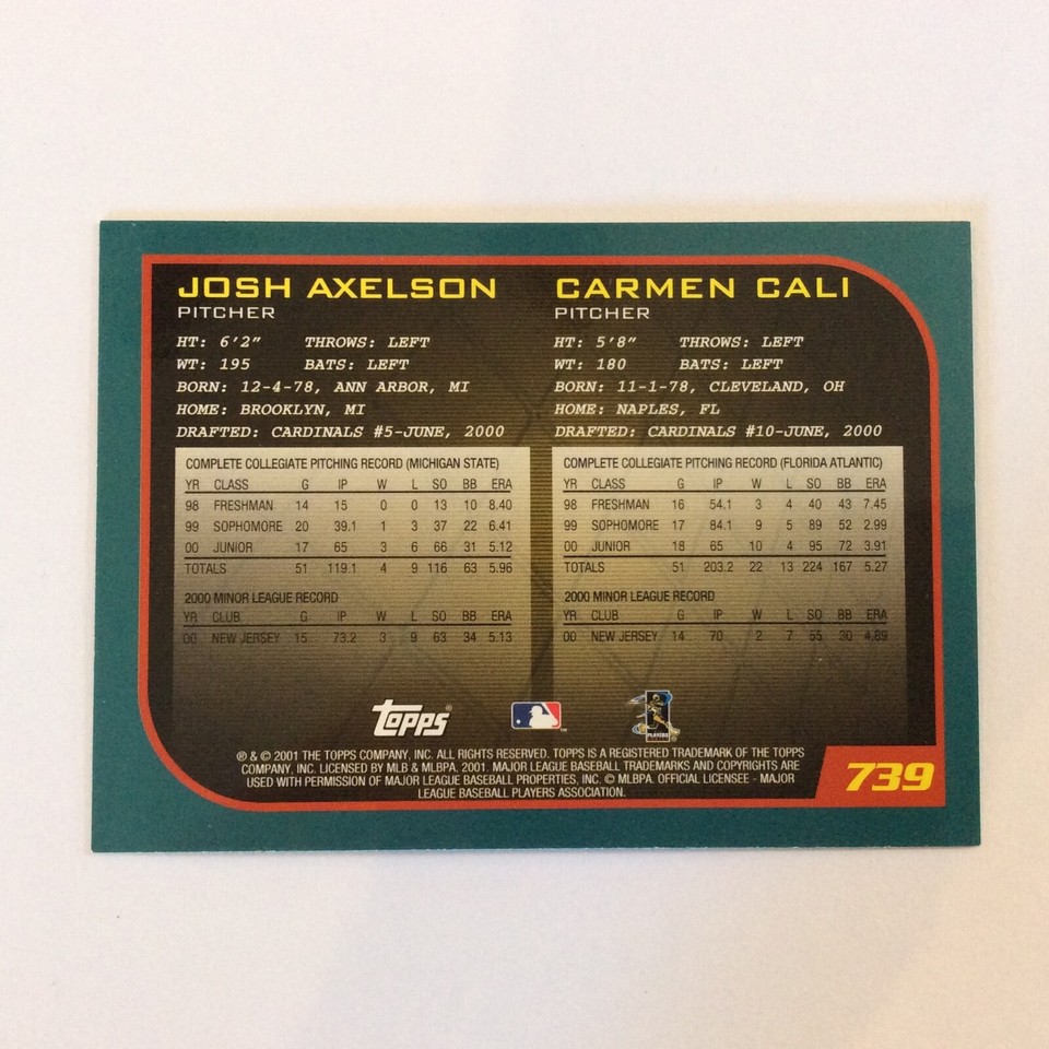 2001 Topps #739 Josh Axelson / Carmen Cali DPK, RC St. Louis Cardinals ...
