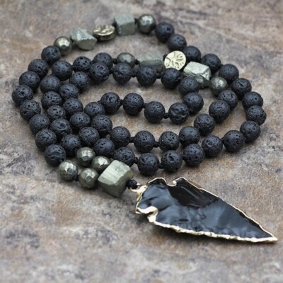 Natural Lava Rock Volcano Stone Beaded Necklace Obsidian Arrow Charm ...