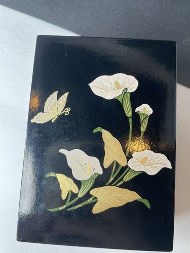 Asahi Japan Black Butterfly Jewelry Trinket Box 5” Flower Lily Morning ...