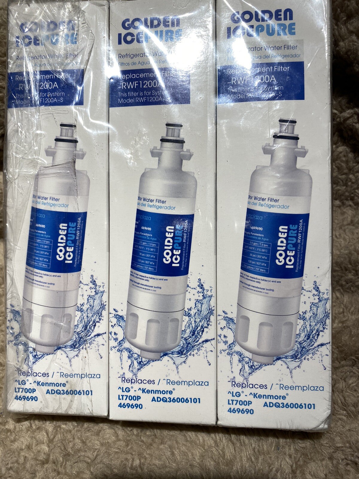 Lot of 3 Golden IcePure RWF1200A Refrigerator Replacement Water Filter ...