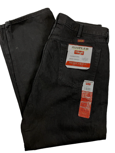 NEW RUSTLER Wrangler Men's Classic Regular Fit 40W X 30L Black Denim Jeans | eBay