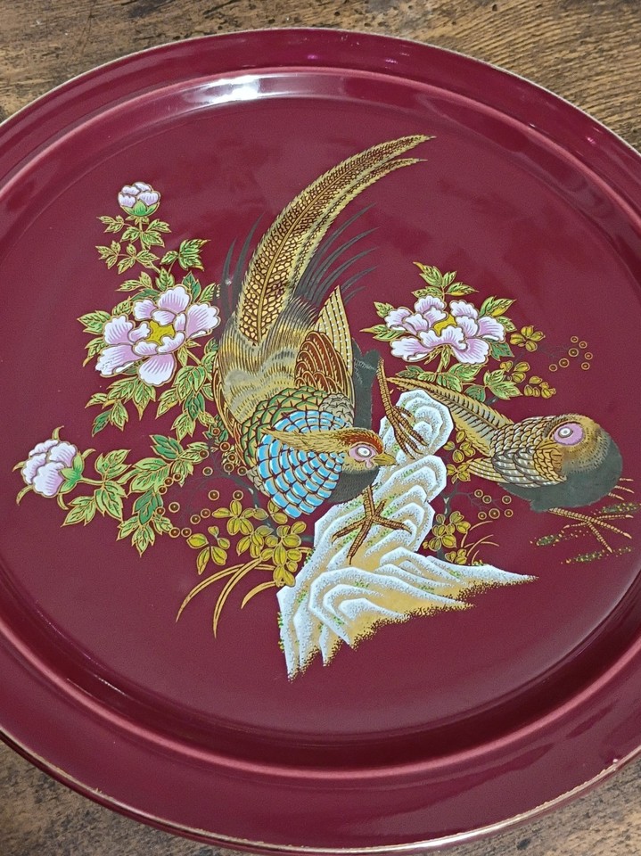 Japanese Pheasant Burgundy Decorative Plate Kutani Cobalt Style Unique ...
