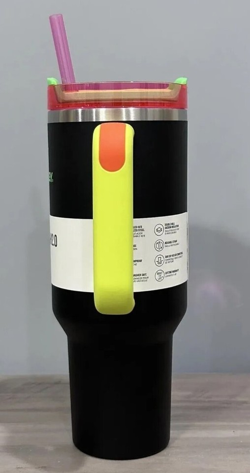 Stanley Tumbler 40 oz Flowstate Quencher H2.0 BLACK NEON SPRING FLING ...