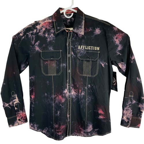 Affliction Shirt Mens Size M Black Pink Button down tie die look ...
