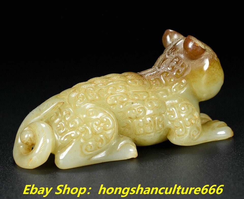 3"China ancient natural Hetian jade Carved fengshui wealth cat statue ...