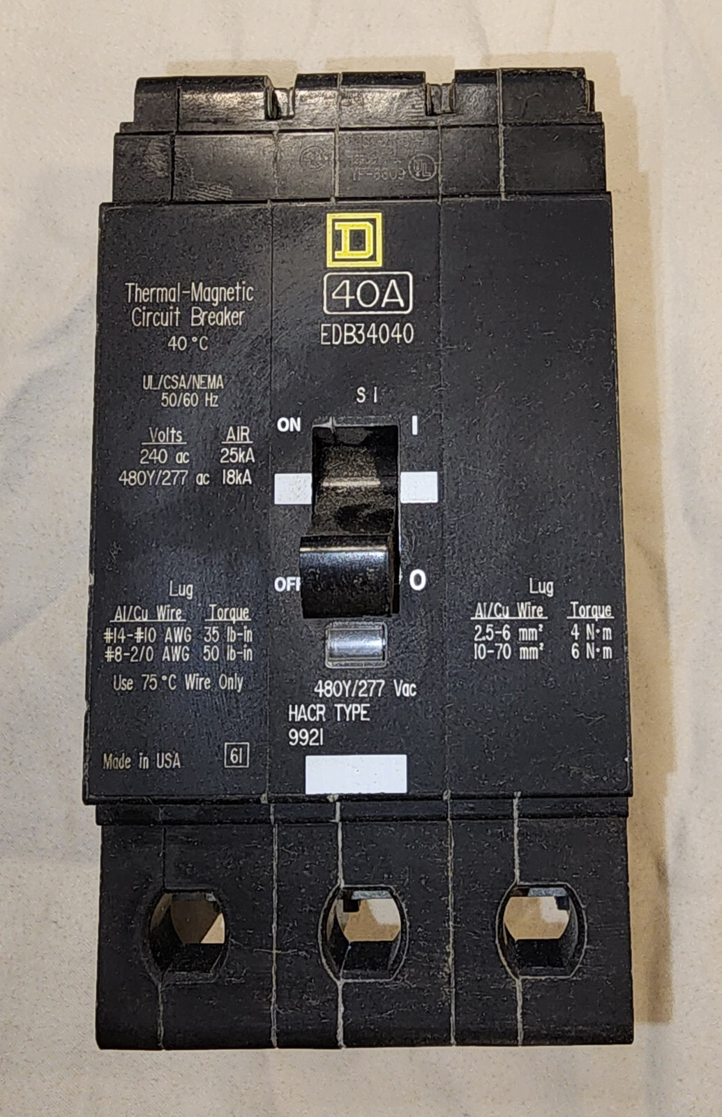 NEW Not In Box!!! Square D EDB34040 40A 480V 3 Pole Bolt On Circuit ...