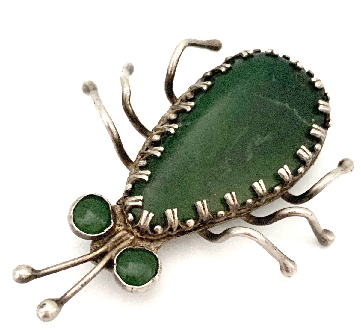 Antique Sterling Silver Green Bug Brooch Handmade - Gem