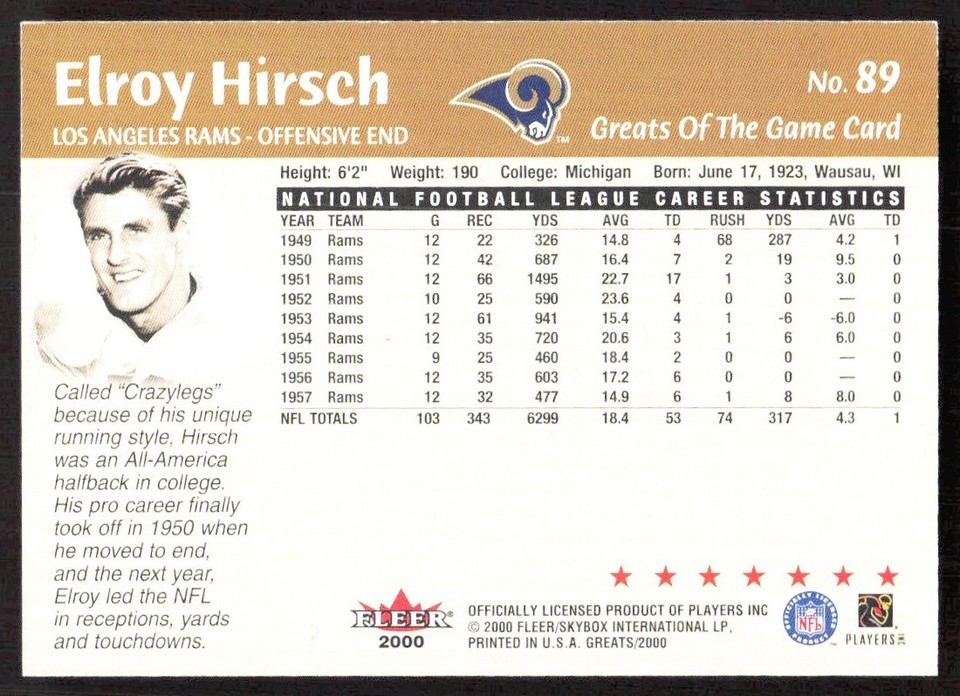 2000 5860B Fleer Greats of the Game Elroy Hirsch Los Angeles Rams #89 ...