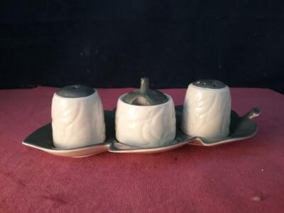 Rare Carlton Ware Grey & White Condiment / Cruet Set on Leaf Tray ...