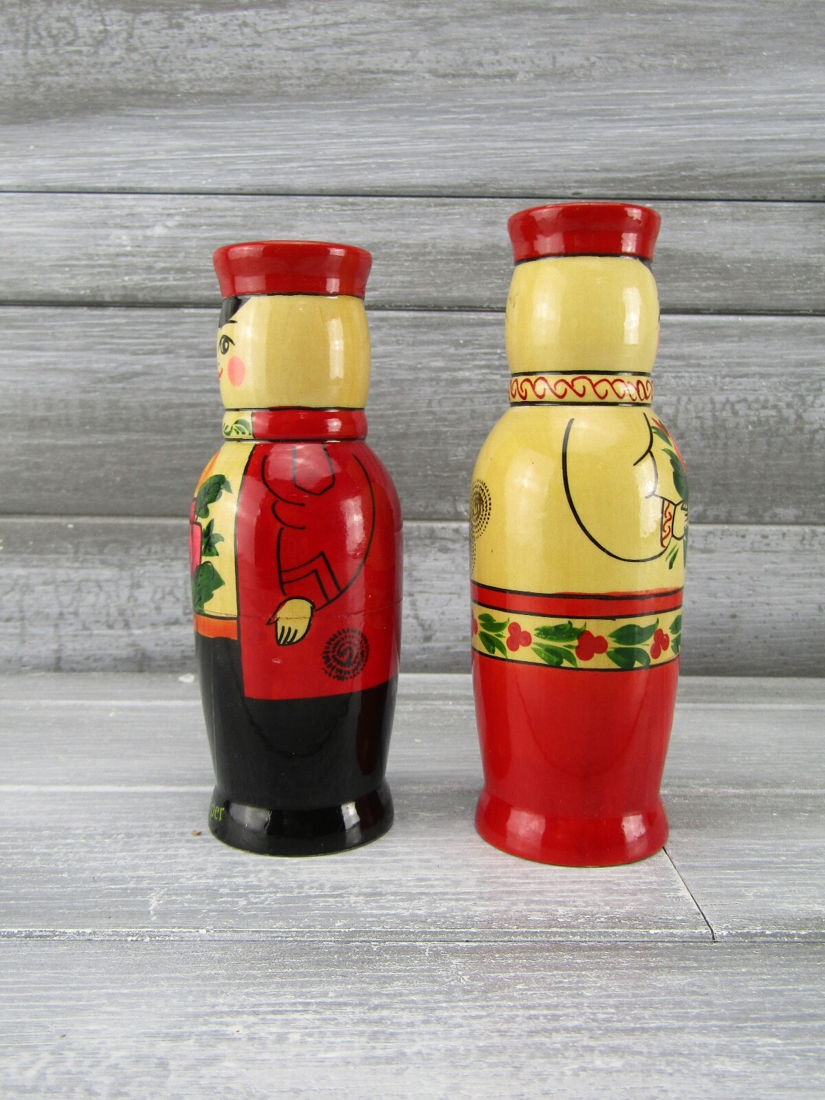 Matrioshka Russian Wooden Nesting Vodka Black & Red Pepper Shakers Hand ...