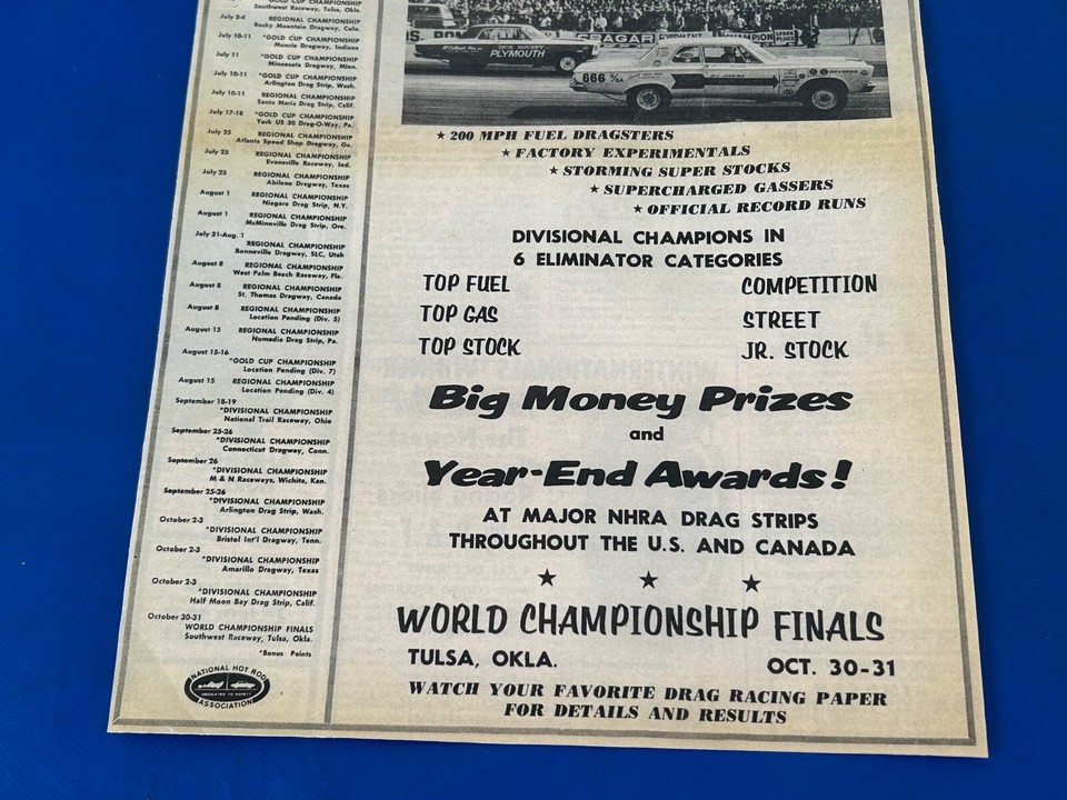 Vintage 1965 NHRA DRAG RACING Full Race Schedule 10 x 16 Poster COOL ...