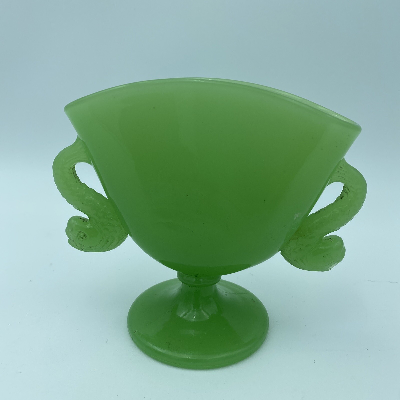 Fenton Art Glass Early 20th C Jade Jadeite Fan Vase Fish Handles 5.25 ...