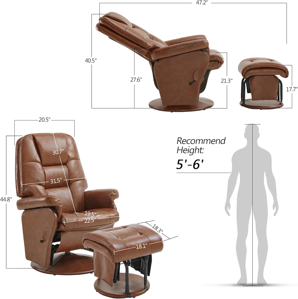 Brown Swivel Glider Recliner with Ottoman - Adjustable Faux Leather ...