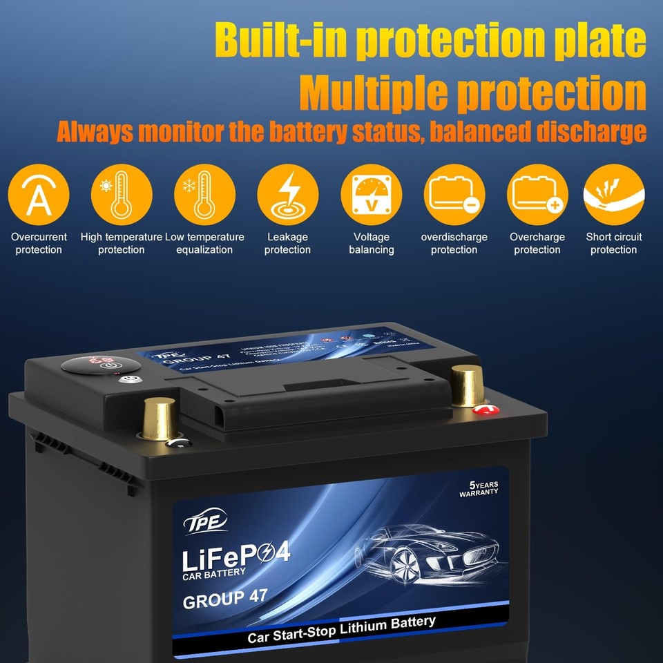 12.8V LiFePO4 Car Battery Start-Stop Lightweight 600A BCI Group 47 ...