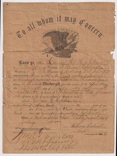 E3710: 1865 Civil War Discharge, 48th Indiana Regiment | eBay
