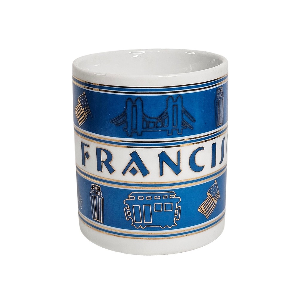 San Francisco Coffee Mug Cup Blue & Gold Trim Golden Gate Bridge ...