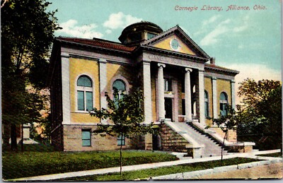Postcard: Alliance, OH Carnegie Library Cupola Stone Steps Street View ...