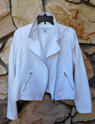 White Biker Crop Jacket Zip Zippers Large Liz Claiborne Linen Cotton | eBay