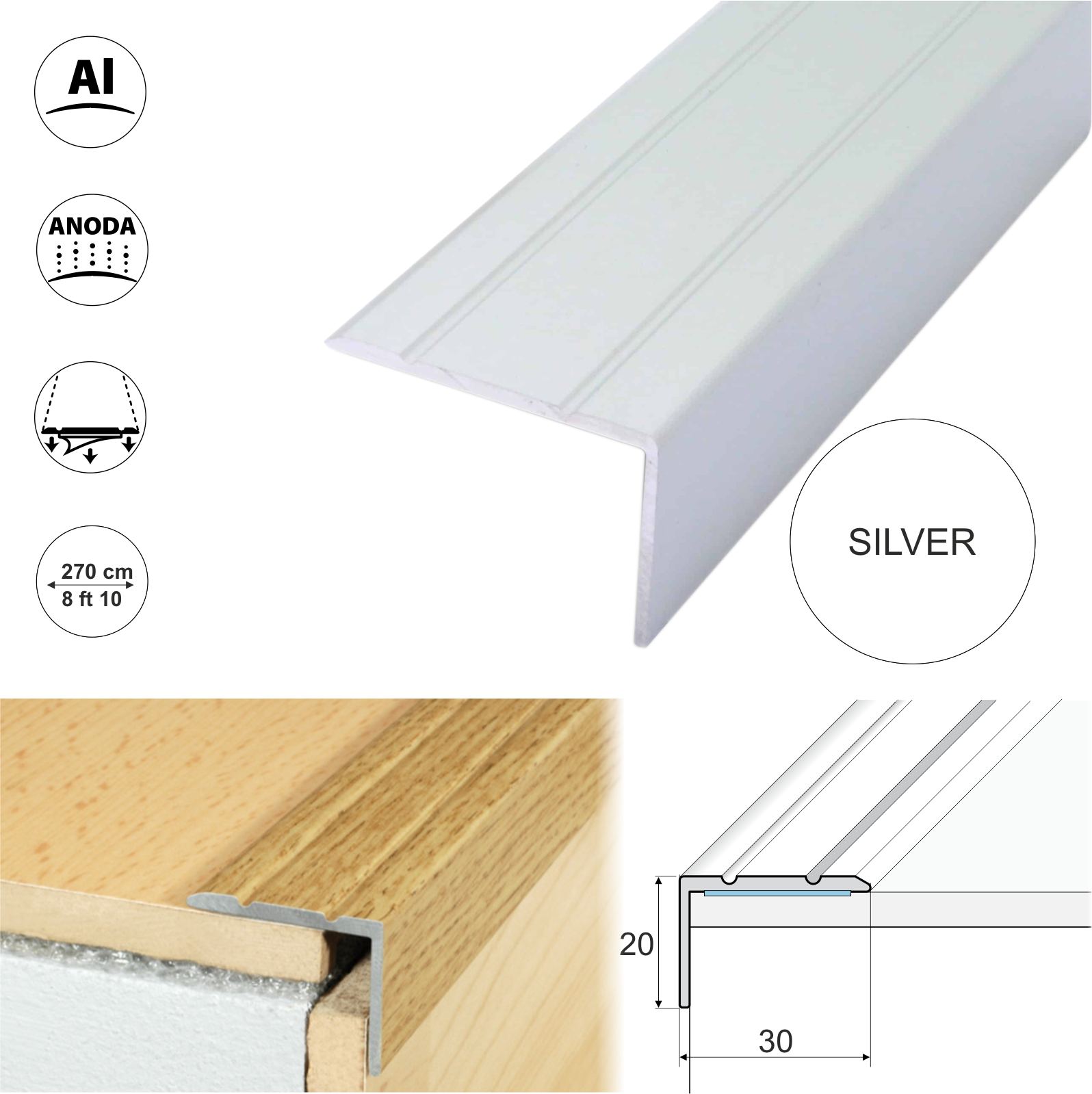 2.7m ALUMINIUM STAIR NOSING EDGE TRIM STEP EDGING CARPET, WOOD, Tile ...