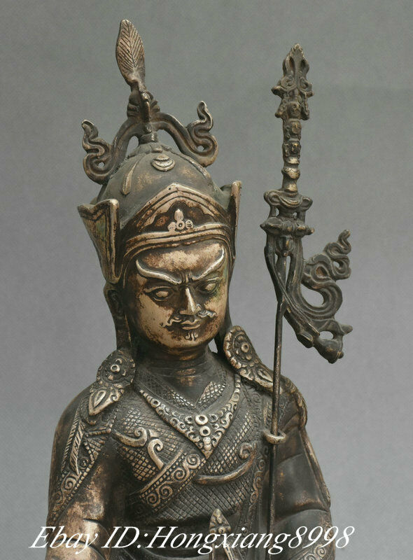 14" Old Tibet Buddhism Silver Seat Guru Padmasambhava Rinpoche Buddha ...