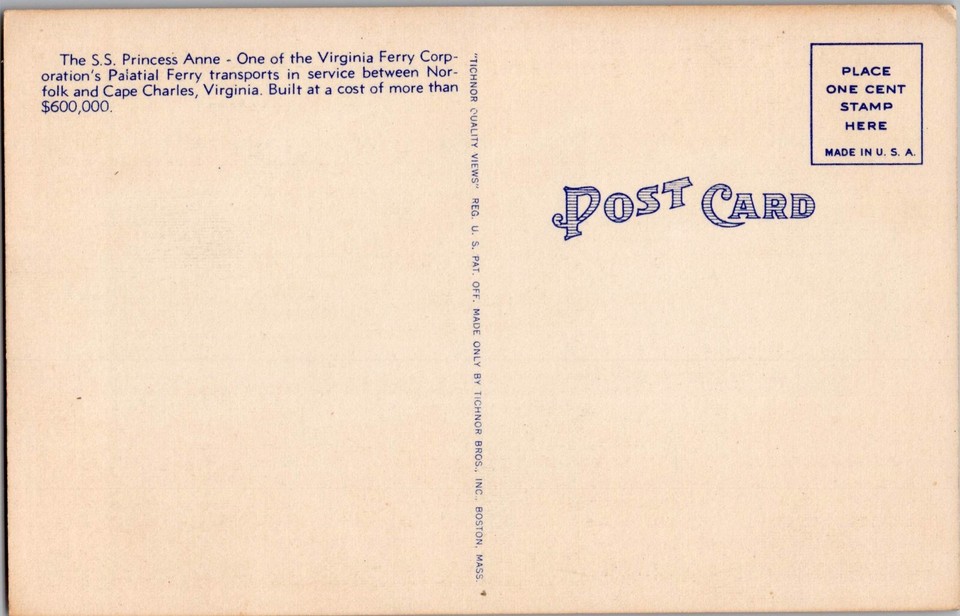 c 1930s S.S. Princess Anne Ferry Boat Cape Charles & Norfolk, Virginia ...