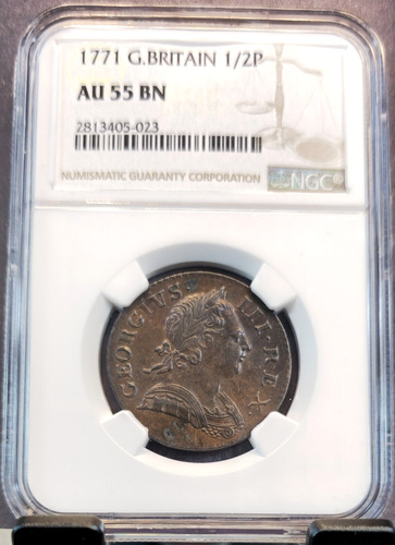 1771 GREAT BRITAIN 1/2 PENNY GEORGE III NGC AU 55 BN SCARCE HIGH GRADE ...
