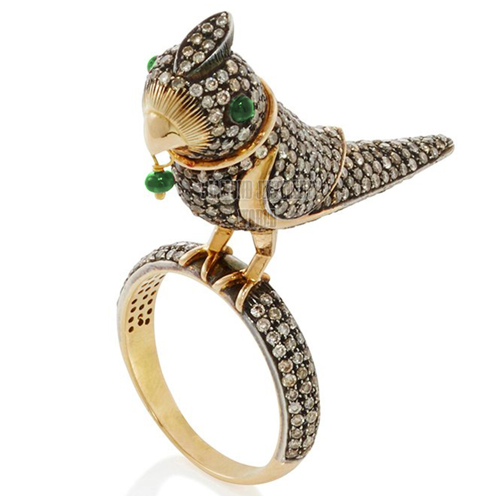 Vintage 4.34ct Rose Cut Diamond Emerald Studded Silver Amazing Bird ...