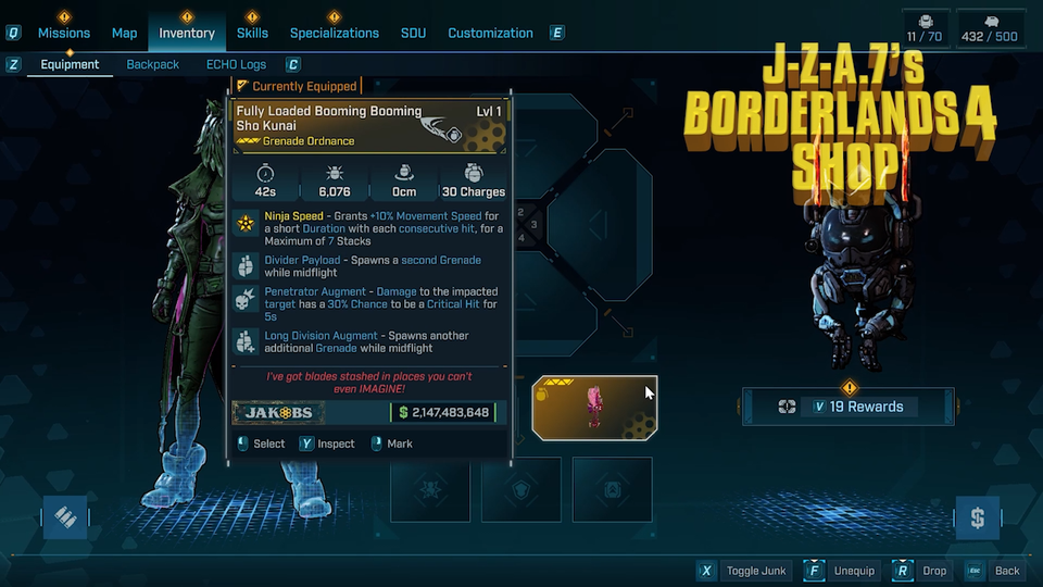 Borderlands 4 MODDED LEVEL 1 ONE SHADOW CLONE SHO KUNAI KNIFE BL4 PC-PS ...