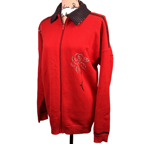 Vtg 80s Cardigan Sweater Red Cotton Rhinestone Embellished Full Zip Sz ...