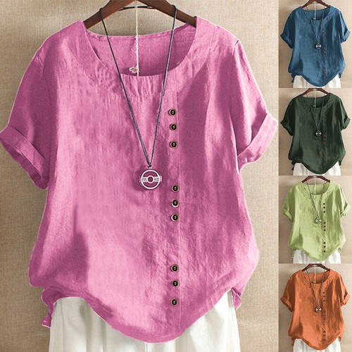 Women Cotton Linen Casual Loose Blouse Ladies Summer Baggy T-Shirt ...