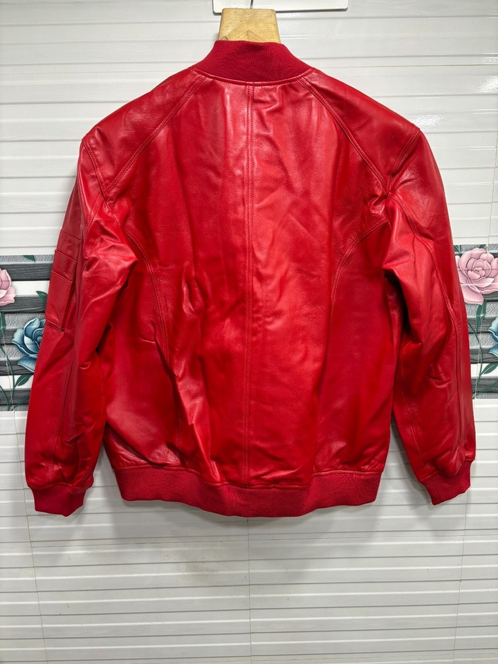 Men's Red Lambskin Leather Bomber Jacket Flight Moto Retro Biker Zipper ...