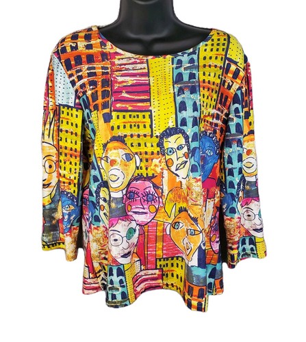 DB Sport Women's L Abstract Faces In The City 3/4 Sleeve Colorful ...