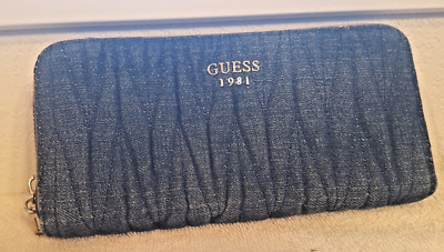 Blue denim champagne accent GUESS Los Angeles 1981 logo zip-around ...