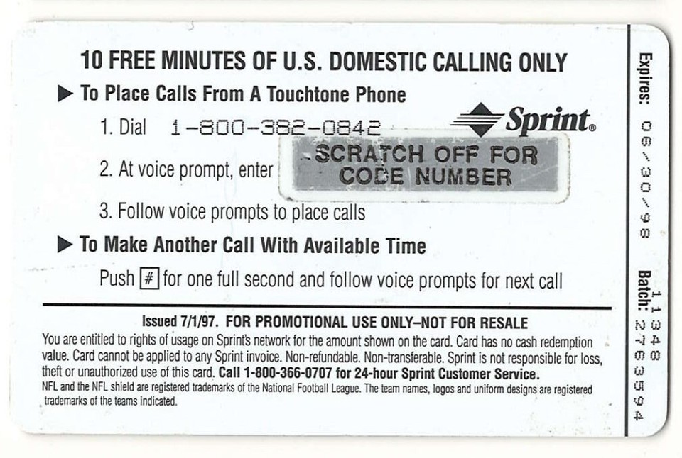 1997 Sprint Spree Prepaid Foncard Football #2 MARCUS ALLEN Kansas City ...