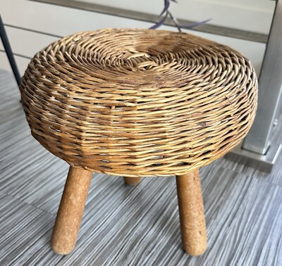 Vintage MCM Wicker Wood 3 Leg Stool Tony Paul Style Rattan Tripod 11 ...