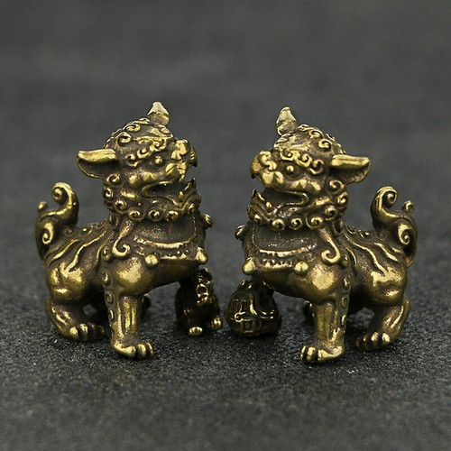 A Pair Pure Copper Lion Ornaments Antique Mini Lion Statues Tea Pet ...