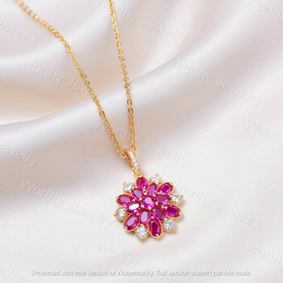 3Ct Oval Cut Red Ruby Flower Cluster Pendant 14K Yellow Gold Finish ...