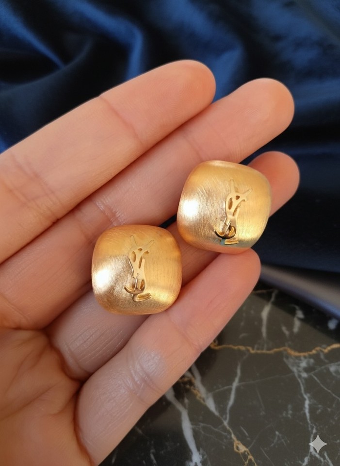 🌷Promotion-YSL Yves Saint Laurent Logo Stud Earrings- Brushed Gold ...