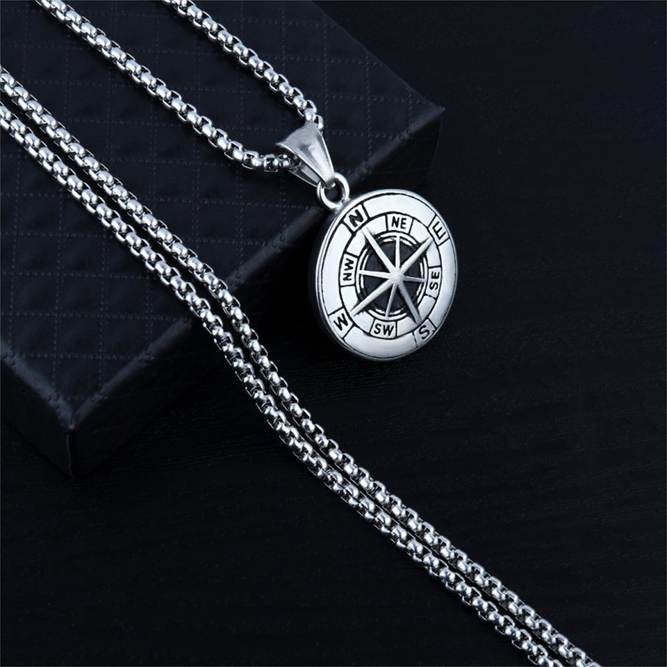 24" Nautical North Star Compass Pendant Necklace Stainless Steel Chain ...