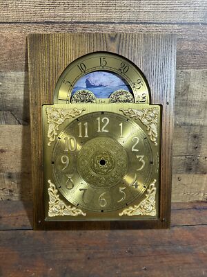 Colonial Grandfather Clock Face Plate Wood Moon Sun Naval Frigate ...