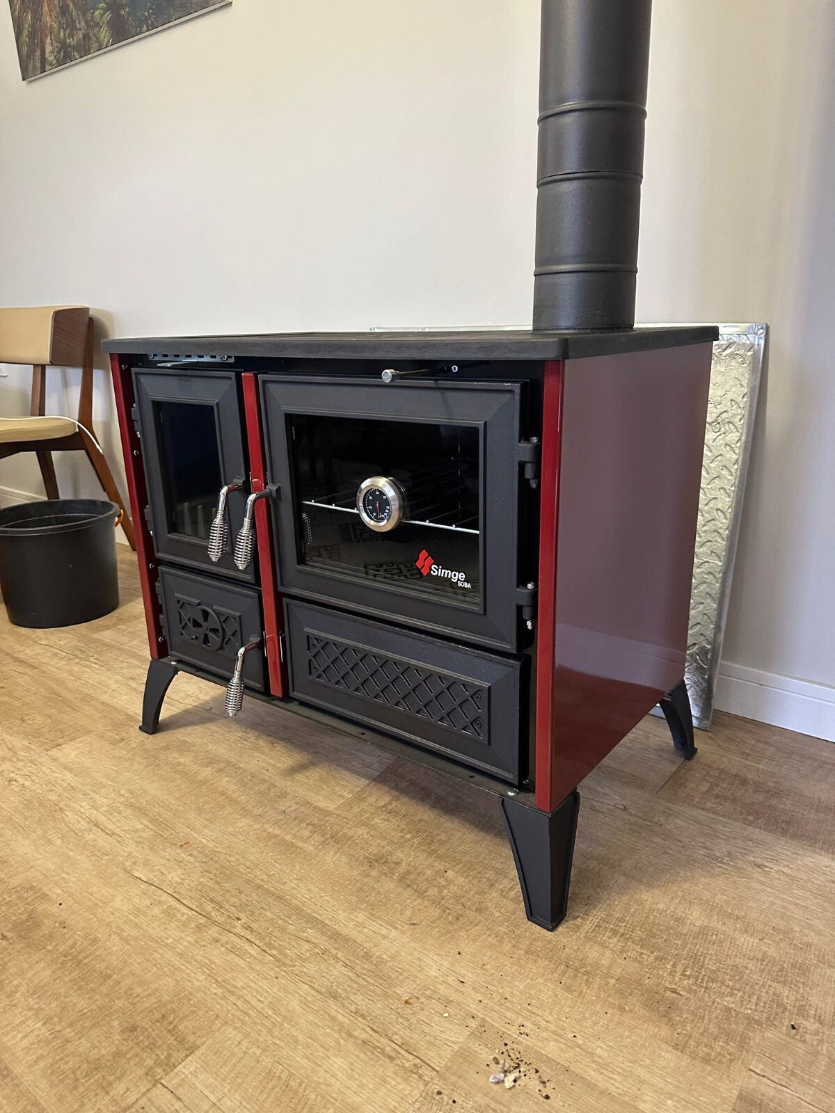Red enameled wood burning stove with oven, wood cook stove, range stove ...